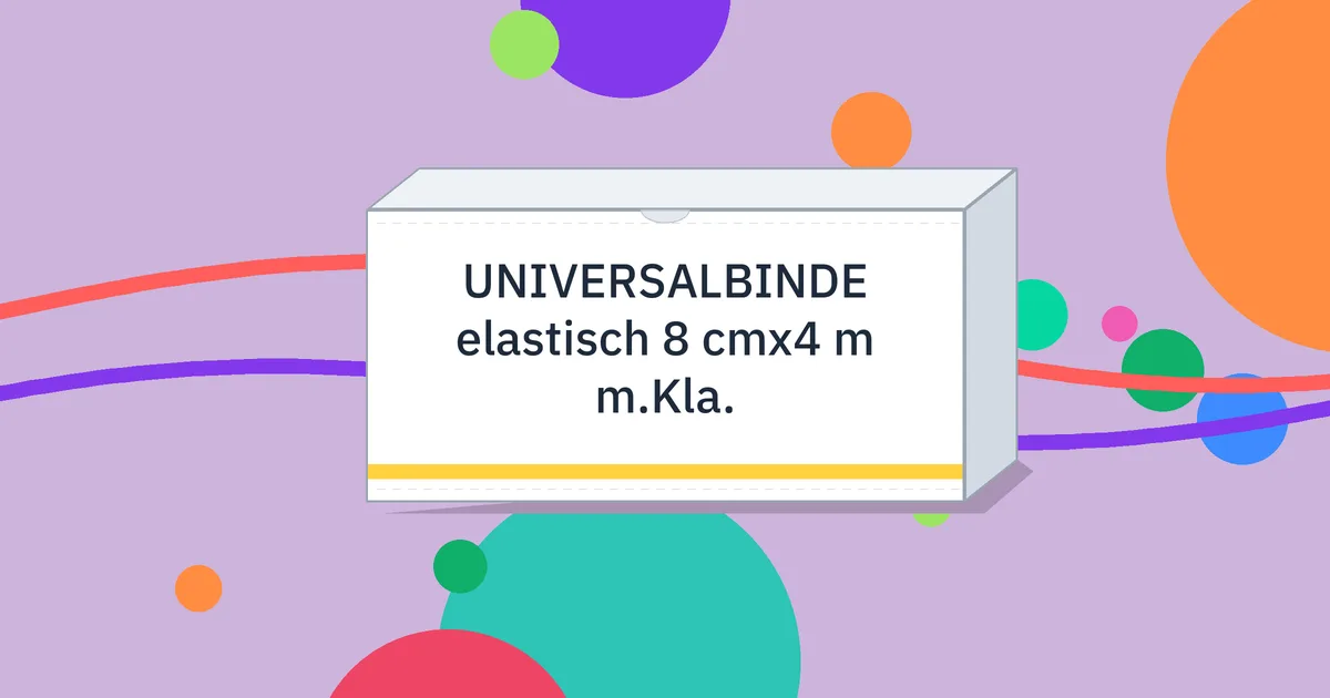 Symbolbild: Packung mit der Aufschrift UNIVERSALBINDE elastisch 8 cmx4 m m.Kla. (PZN 07388332) – Verfügbarkeit und Bezug in Apotheken in Frankfurt am Main