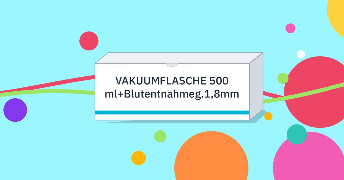 Symbolbild: Packung mit der Aufschrift VAKUUMFLASCHE 500 ml+Blutentnahmeg.1,8mm (PZN 06110296) – Verfügbarkeit und Bezug in Apotheken in Frankfurt am Main