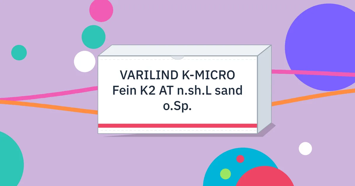Symbolbild: Packung mit der Aufschrift VARILIND K-MICRO Fein K2 AT n.sh.L sand o.Sp. (PZN 20553149) – Verfügbarkeit und Bezug in Apotheken in Frankfurt am Main