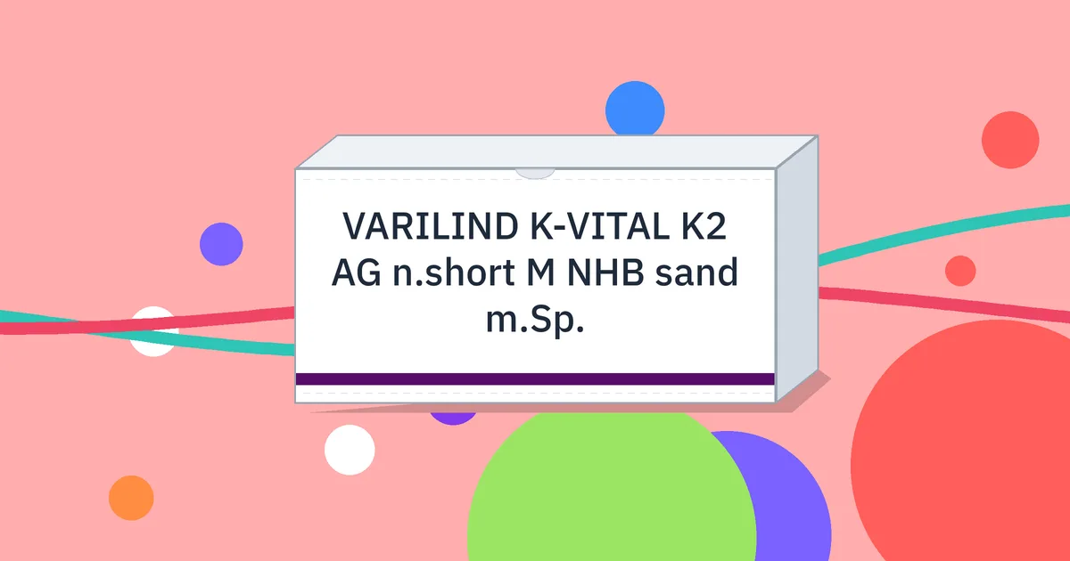 Symbolbild: Packung mit der Aufschrift VARILIND K-VITAL K2 AG n.short M NHB sand m.Sp. (PZN 20564213) – Verfügbarkeit und Bezug in Apotheken in Frankfurt am Main
