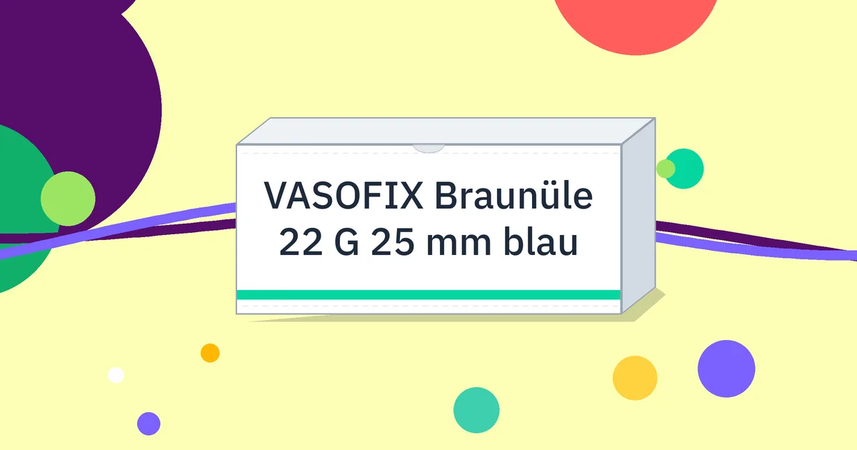 Symbolbild: Packung mit der Aufschrift VASOFIX Braunüle 22 G 25 mm blau (PZN 00348387) – Verfügbarkeit und Bezug in Apotheken in Frankfurt am Main