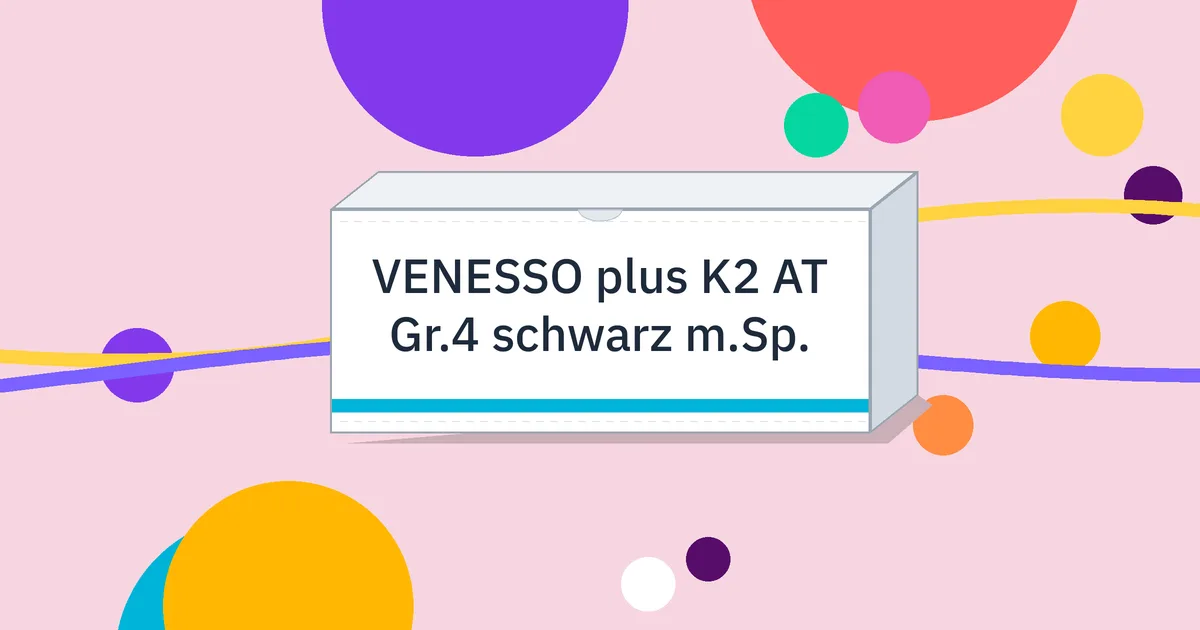 Symbolbild: Packung mit der Aufschrift VENESSO plus K2 AT Gr.4 schwarz m.Sp. (PZN 03287485) – Verfügbarkeit und Bezug in Apotheken in Frankfurt am Main