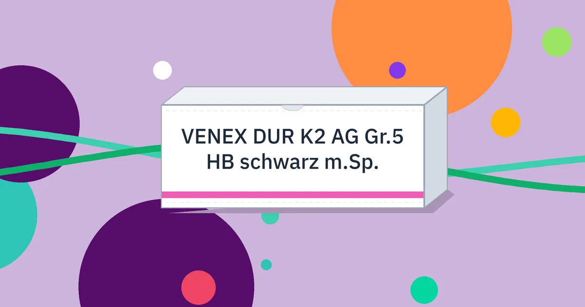 Symbolbild: Packung mit der Aufschrift VENEX DUR K2 AG Gr.5 HB schwarz m.Sp. (PZN 03219058) – Verfügbarkeit und Bezug in Apotheken in Frankfurt am Main