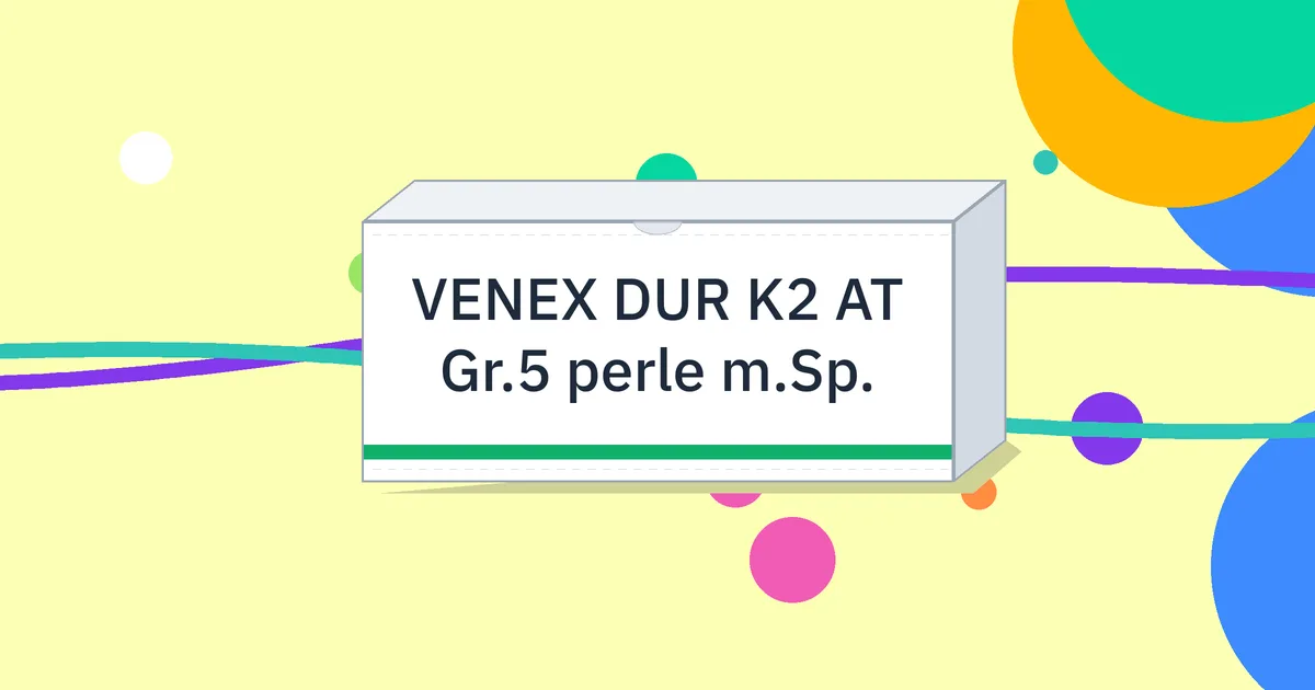 Symbolbild: Packung mit der Aufschrift VENEX DUR K2 AT Gr.5 perle m.Sp. (PZN 03221799) – Verfügbarkeit und Bezug in Apotheken in Frankfurt am Main