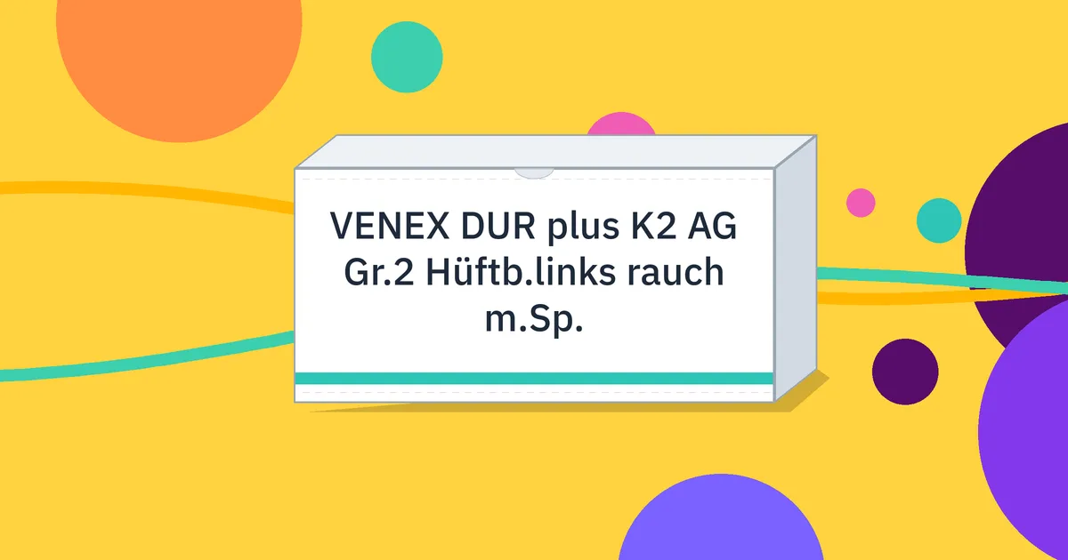 Symbolbild: Packung mit der Aufschrift VENEX DUR plus K2 AG Gr.2 Hüftb.links rauch m.Sp. (PZN 03237576) – Verfügbarkeit und Bezug in Apotheken in Frankfurt am Main