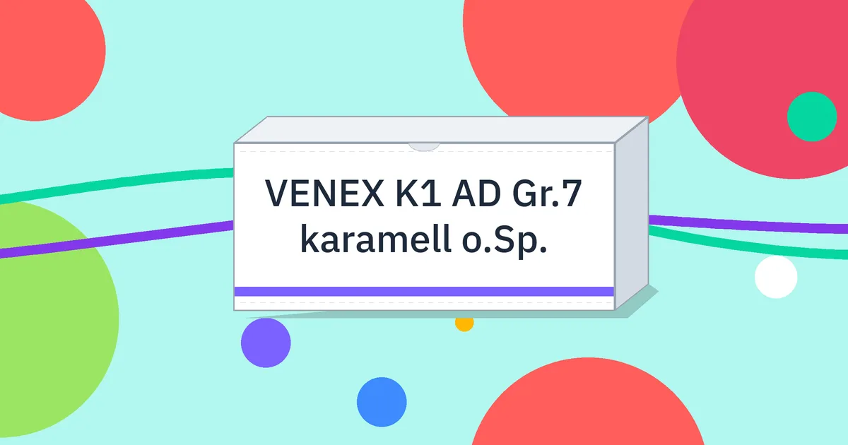 Symbolbild: Packung mit der Aufschrift VENEX K1 AD Gr.7 karamell o.Sp. (PZN 13757331) – Verfügbarkeit und Bezug in Apotheken in Frankfurt am Main