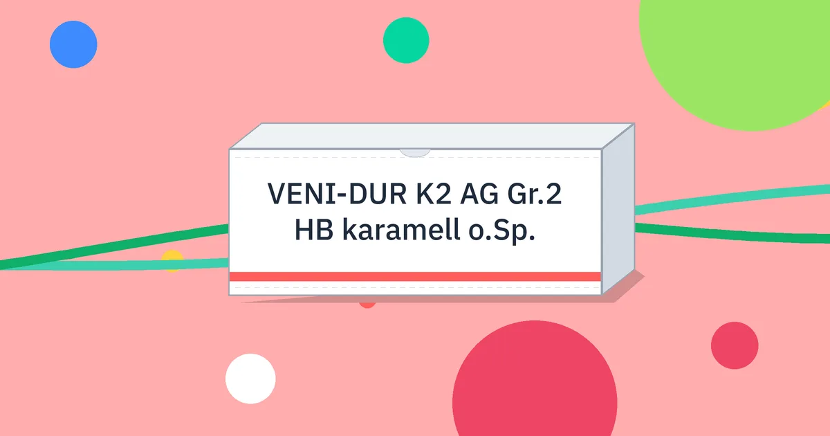 Symbolbild: Packung mit der Aufschrift VENI-DUR K2 AG Gr.2 HB karamell o.Sp. (PZN 13756633) – Verfügbarkeit und Bezug in Apotheken in Frankfurt am Main