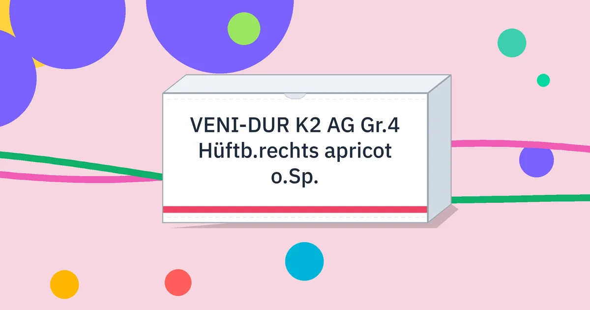 Symbolbild: Packung mit der Aufschrift VENI-DUR K2 AG Gr.4 Hüftb.rechts apricot o.Sp. (PZN 03251607) – Verfügbarkeit und Bezug in Apotheken in Frankfurt am Main