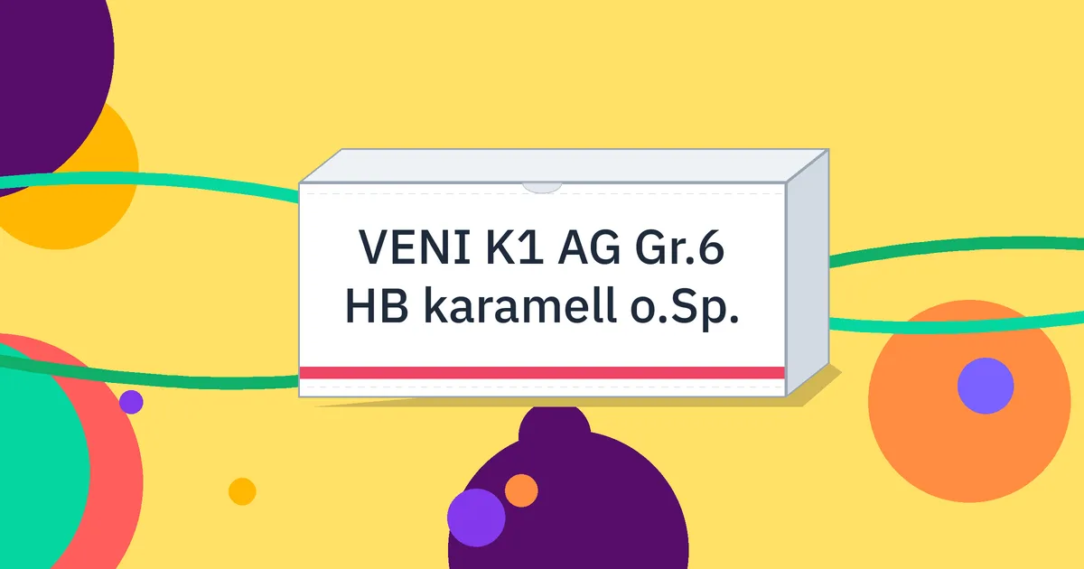Symbolbild: Packung mit der Aufschrift VENI K1 AG Gr.6 HB karamell o.Sp. (PZN 13756490) – Verfügbarkeit und Bezug in Apotheken in Frankfurt am Main