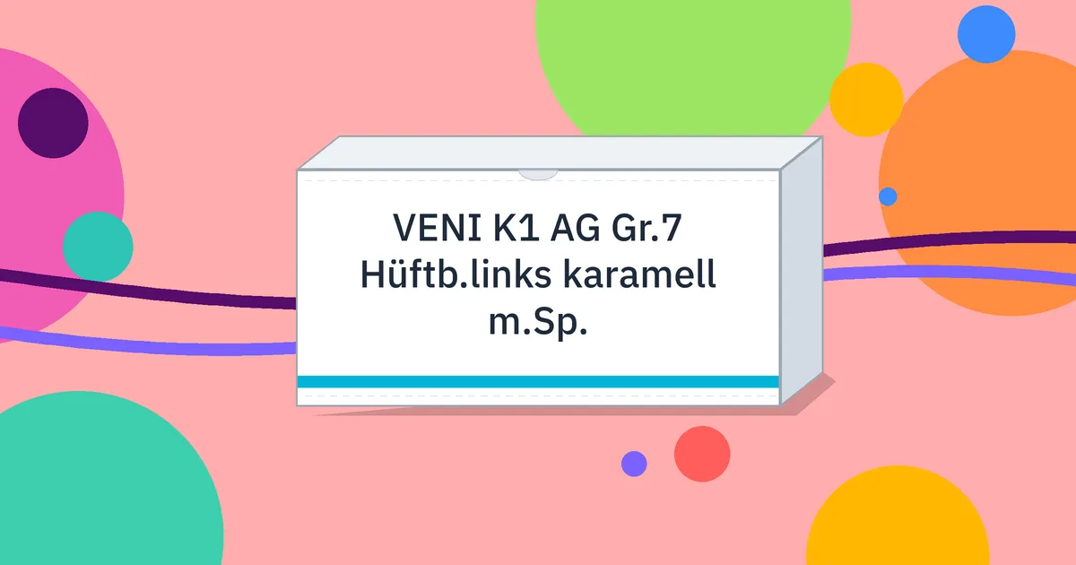 Symbolbild: Packung mit der Aufschrift VENI K1 AG Gr.7 Hüftb.links karamell m.Sp. (PZN 13760215) – Verfügbarkeit und Bezug in Apotheken in Frankfurt am Main
