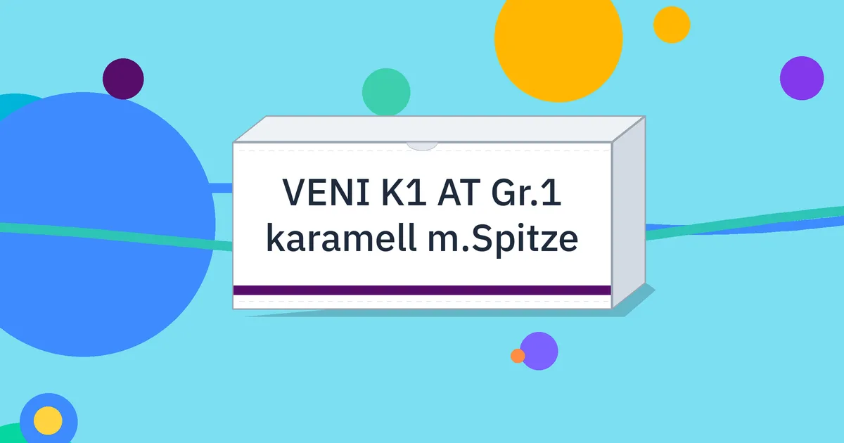 Symbolbild: Packung mit der Aufschrift VENI K1 AT Gr.1 karamell m.Spitze (PZN 13756774) – Verfügbarkeit und Bezug in Apotheken in Frankfurt am Main
