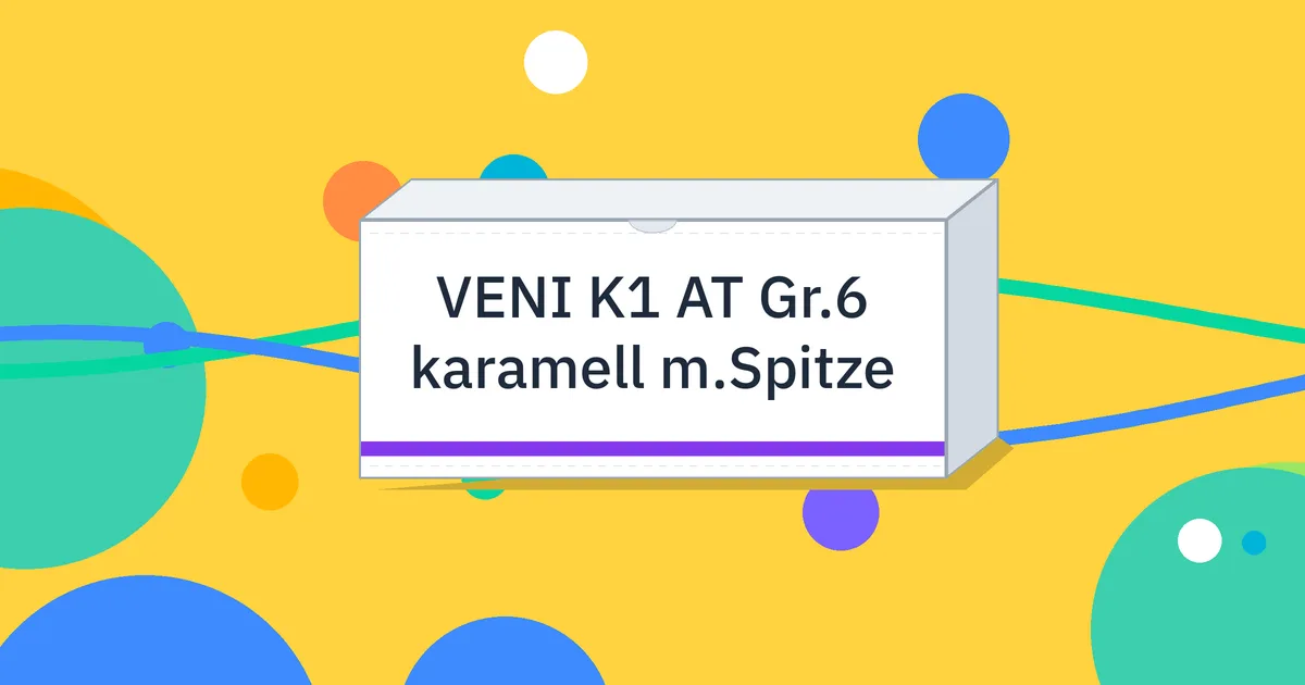 Symbolbild: Packung mit der Aufschrift VENI K1 AT Gr.6 karamell m.Spitze (PZN 13756828) – Verfügbarkeit und Bezug in Apotheken in Frankfurt am Main