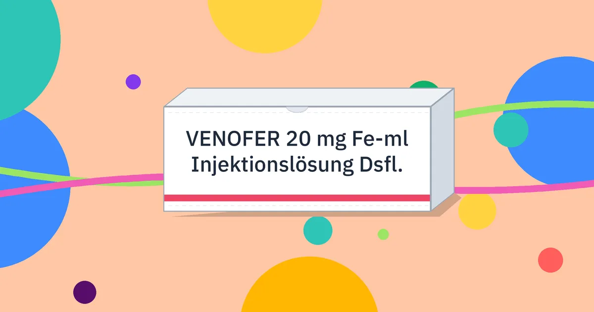 Symbolbild: Packung mit der Aufschrift VENOFER 20 mg Fe-ml Injektionslösung Dsfl. (PZN 17370468) – Verfügbarkeit und Bezug in Apotheken in Frankfurt am Main
