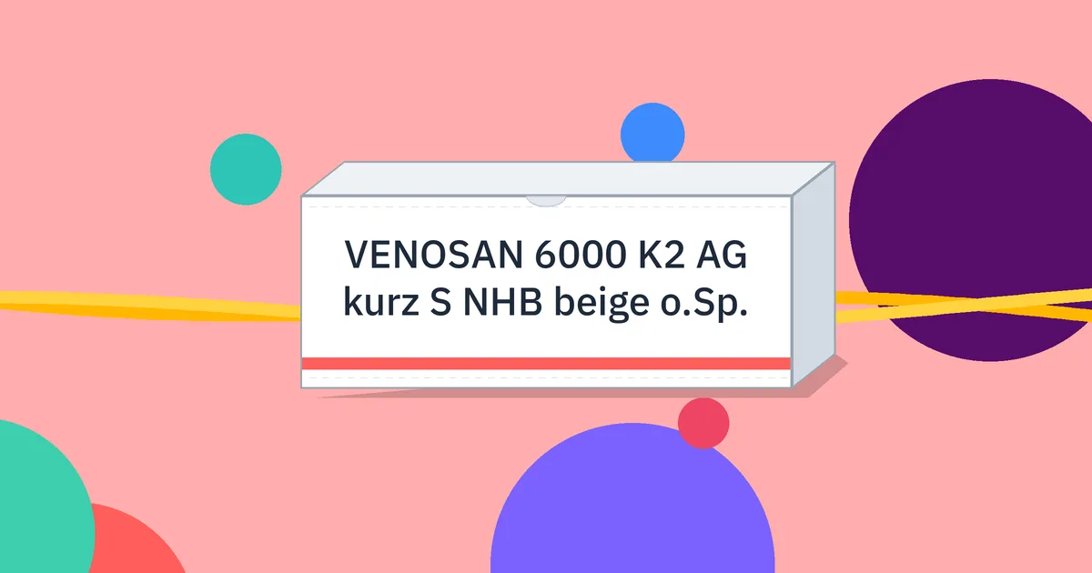 Symbolbild: Packung mit der Aufschrift VENOSAN 6000 K2 AG kurz S NHB beige o.Sp. (PZN 17172685) – Verfügbarkeit und Bezug in Apotheken in Frankfurt am Main