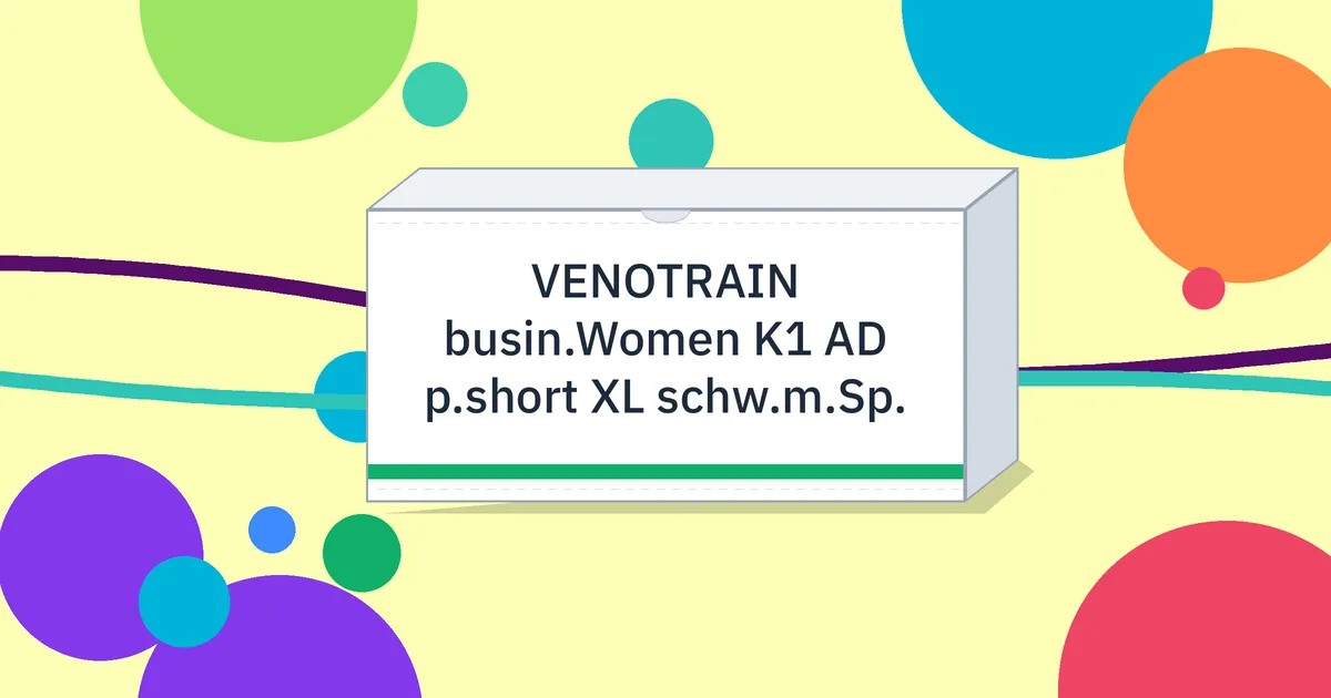 Symbolbild: Packung mit der Aufschrift VENOTRAIN busin.Women K1 AD p.short XL schw.m.Sp. (PZN 10195476) – Verfügbarkeit und Bezug in Apotheken in Frankfurt am Main