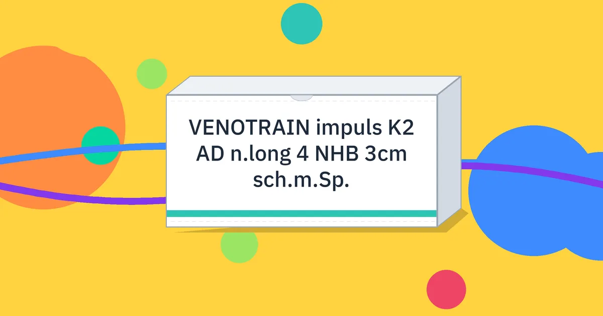 Symbolbild: Packung mit der Aufschrift VENOTRAIN impuls K2 AD n.long 4 NHB 3cm sch.m.Sp. (PZN 00651542) – Verfügbarkeit und Bezug in Apotheken in Frankfurt am Main