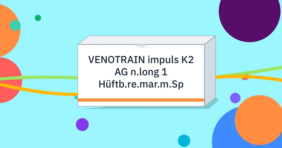 Symbolbild: Packung mit der Aufschrift VENOTRAIN impuls K2 AG n.long 1 Hüftb.re.mar.m.Sp (PZN 15216438) – Verfügbarkeit und Bezug in Apotheken in Frankfurt am Main