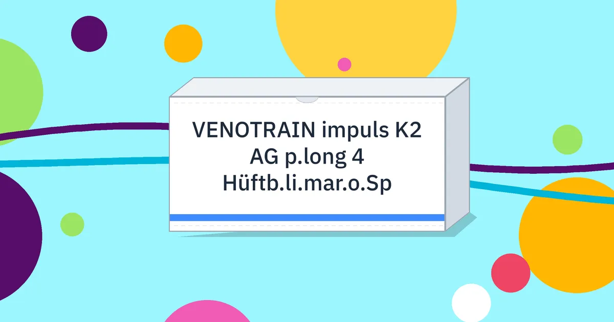 Symbolbild: Packung mit der Aufschrift VENOTRAIN impuls K2 AG p.long 4 Hüftb.li.mar.o.Sp (PZN 15219247) – Verfügbarkeit und Bezug in Apotheken in Frankfurt am Main