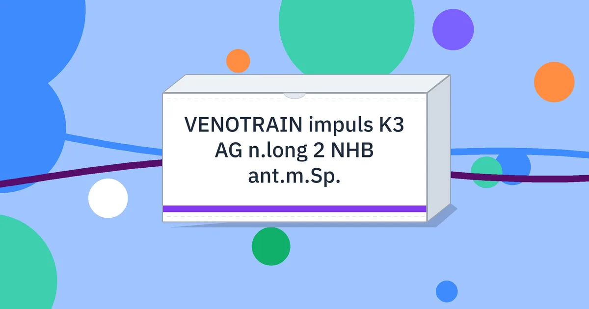 Symbolbild: Packung mit der Aufschrift VENOTRAIN impuls K3 AG n.long 2 NHB ant.m.Sp. (PZN 15215870) – Verfügbarkeit und Bezug in Apotheken in Frankfurt am Main