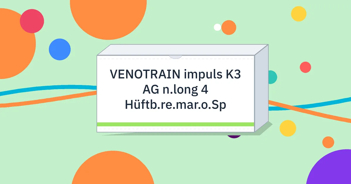 Symbolbild: Packung mit der Aufschrift VENOTRAIN impuls K3 AG n.long 4 Hüftb.re.mar.o.Sp (PZN 15217917) – Verfügbarkeit und Bezug in Apotheken in Frankfurt am Main