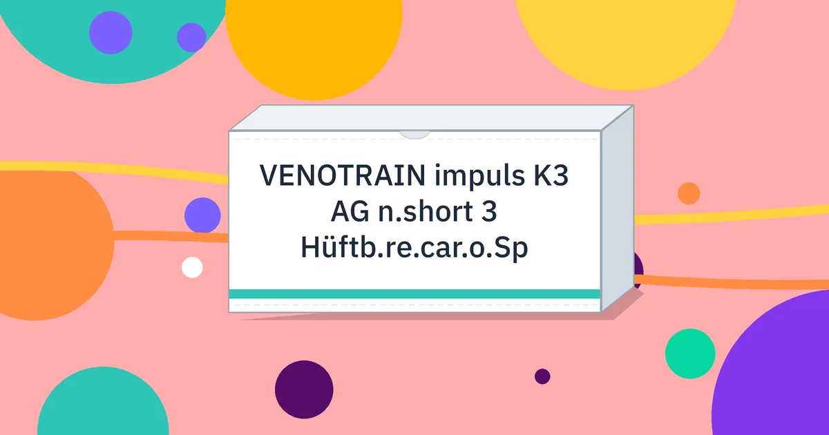 Symbolbild: Packung mit der Aufschrift VENOTRAIN impuls K3 AG n.short 3 Hüftb.re.car.o.Sp (PZN 08422775) – Verfügbarkeit und Bezug in Apotheken in Frankfurt am Main