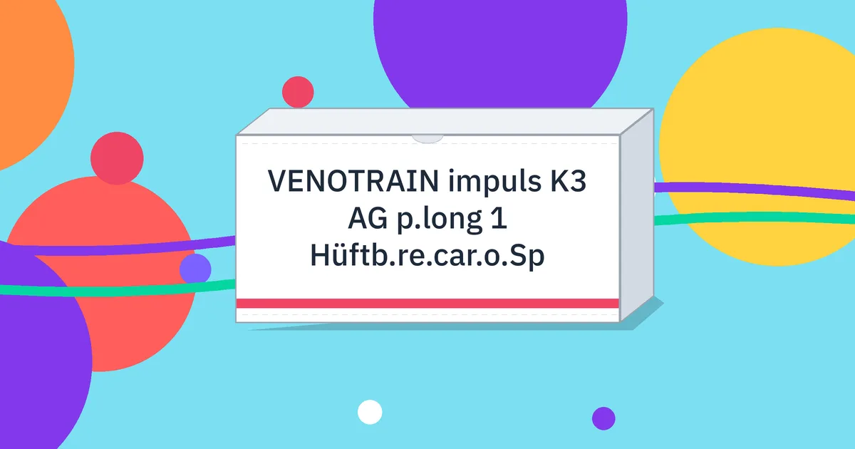 Symbolbild: Packung mit der Aufschrift VENOTRAIN impuls K3 AG p.long 1 Hüftb.re.car.o.Sp (PZN 08423450) – Verfügbarkeit und Bezug in Apotheken in Frankfurt am Main