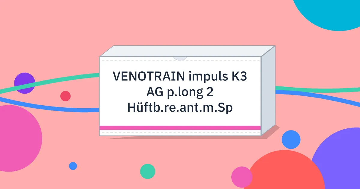Symbolbild: Packung mit der Aufschrift VENOTRAIN impuls K3 AG p.long 2 Hüftb.re.ant.m.Sp (PZN 15218331) – Verfügbarkeit und Bezug in Apotheken in Frankfurt am Main