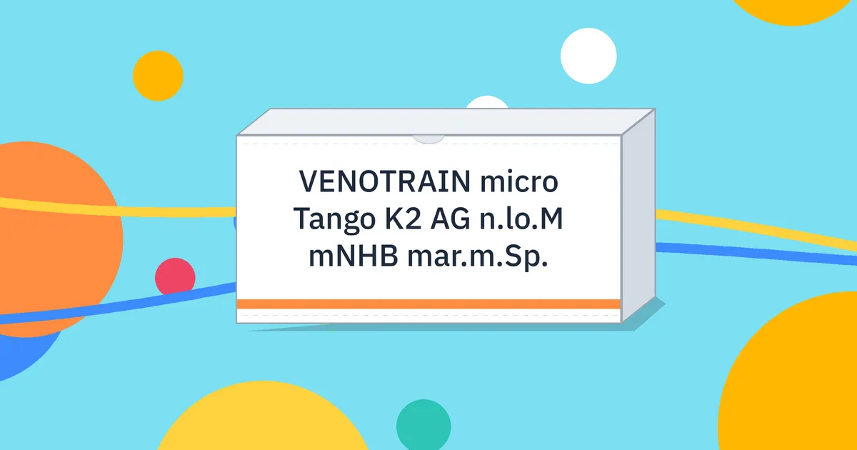 Symbolbild: Packung mit der Aufschrift VENOTRAIN micro Tango K2 AG n.lo.M mNHB mar.m.Sp. (PZN 17761619) – Verfügbarkeit und Bezug in Apotheken in Frankfurt am Main