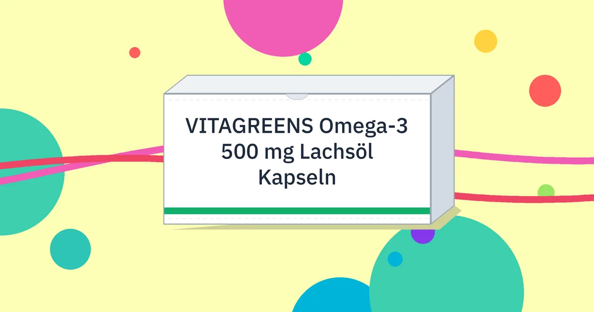 Symbolbild: Packung mit der Aufschrift VITAGREENS Omega-3 500 mg Lachsöl Kapseln (PZN 04997496) – Verfügbarkeit und Bezug in Apotheken in Frankfurt am Main