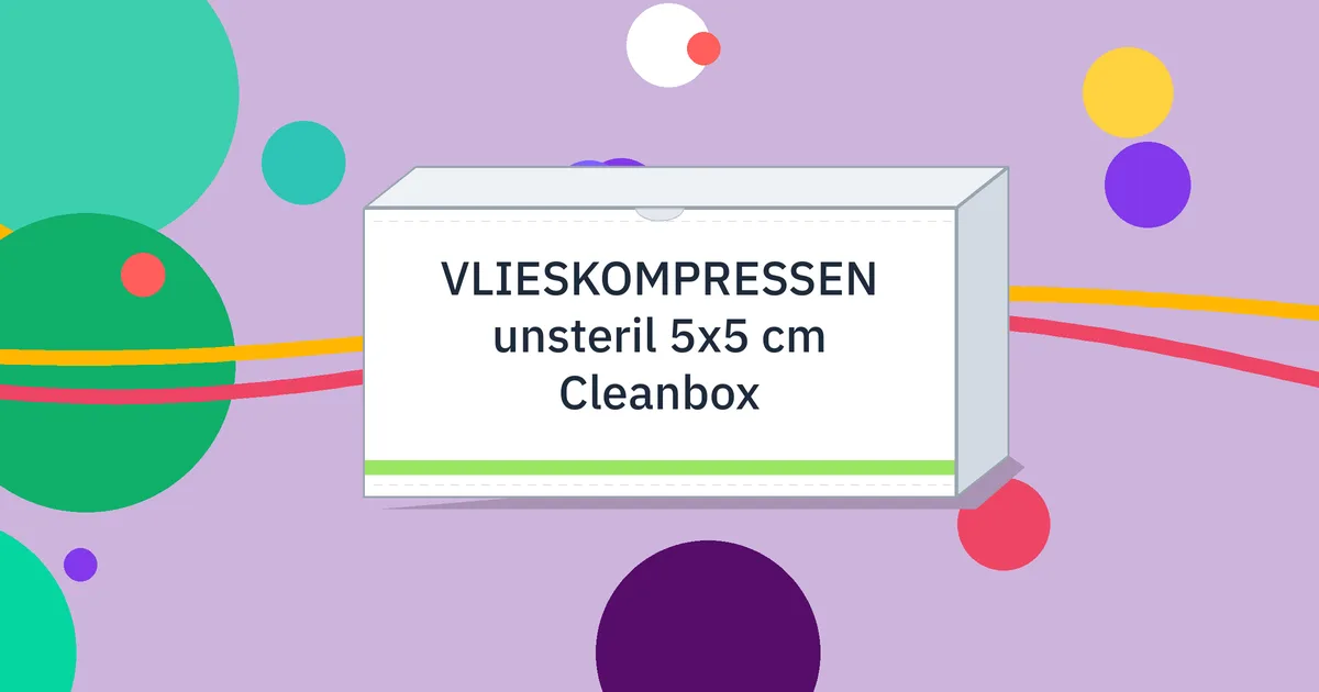 Symbolbild: Packung mit der Aufschrift VLIESKOMPRESSEN unsteril 5x5 cm Cleanbox (PZN 17562179) – Verfügbarkeit und Bezug in Apotheken in Frankfurt am Main