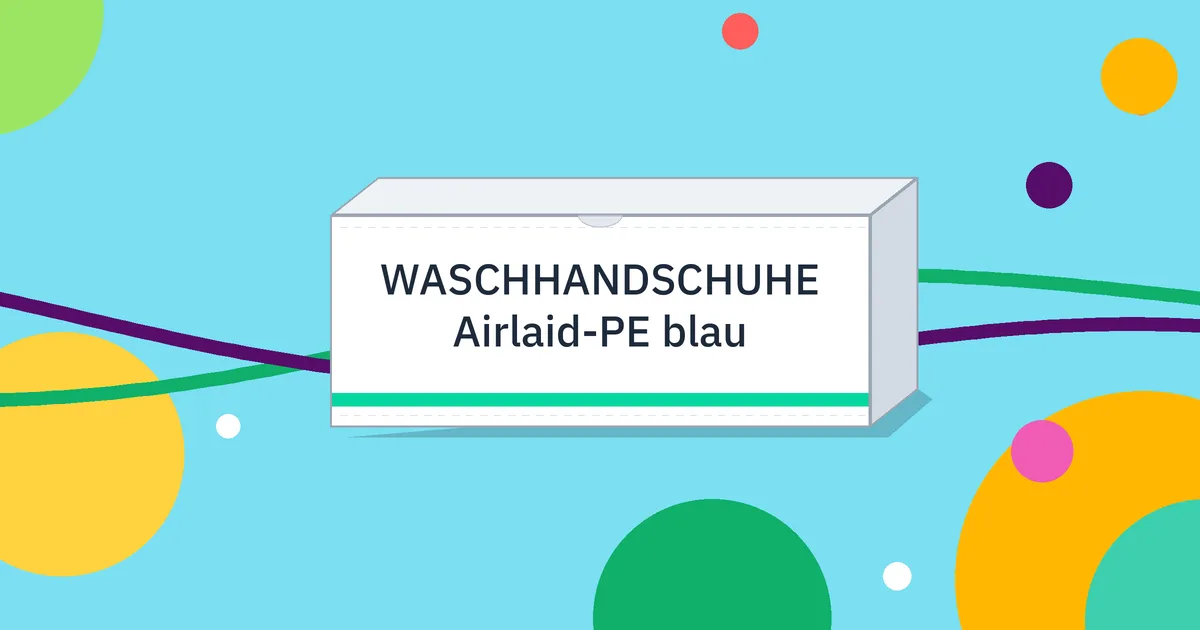 Symbolbild: Packung mit der Aufschrift WASCHHANDSCHUHE Airlaid-PE blau (PZN 19367950) – Verfügbarkeit und Bezug in Apotheken in Frankfurt am Main
