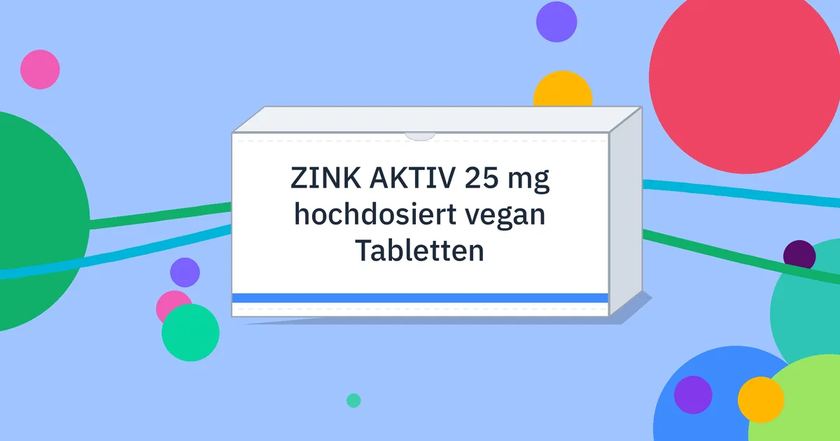 Symbolbild: Packung mit der Aufschrift ZINK AKTIV 25 mg hochdosiert vegan Tabletten (PZN 19176428) – Verfügbarkeit und Bezug in Apotheken in Frankfurt am Main