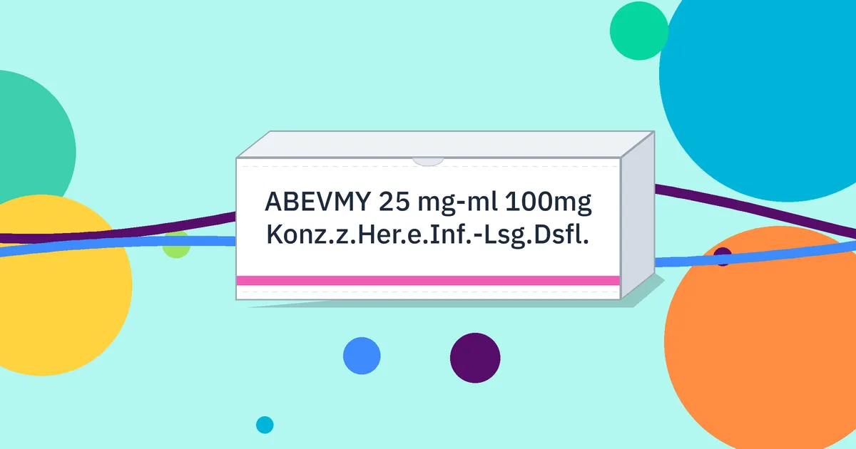 Symbolbild: Packung mit der Aufschrift ABEVMY 25 mg-ml 100mg Konz.z.Her.e.Inf.-Lsg.Dsfl. (PZN 17150494) – Verfügbarkeit und Bezug in Apotheken in Frankfurt am Main