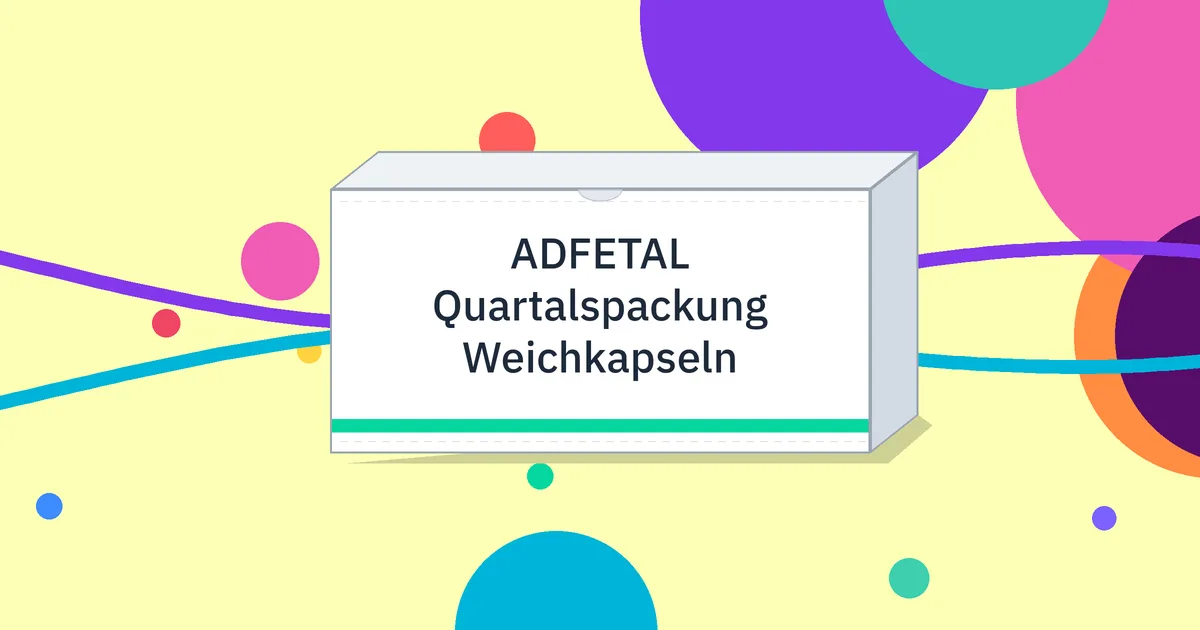 Symbolbild: Packung mit der Aufschrift ADFETAL Quartalspackung Weichkapseln (PZN 09638543) – Verfügbarkeit und Bezug in Apotheken in Frankfurt am Main