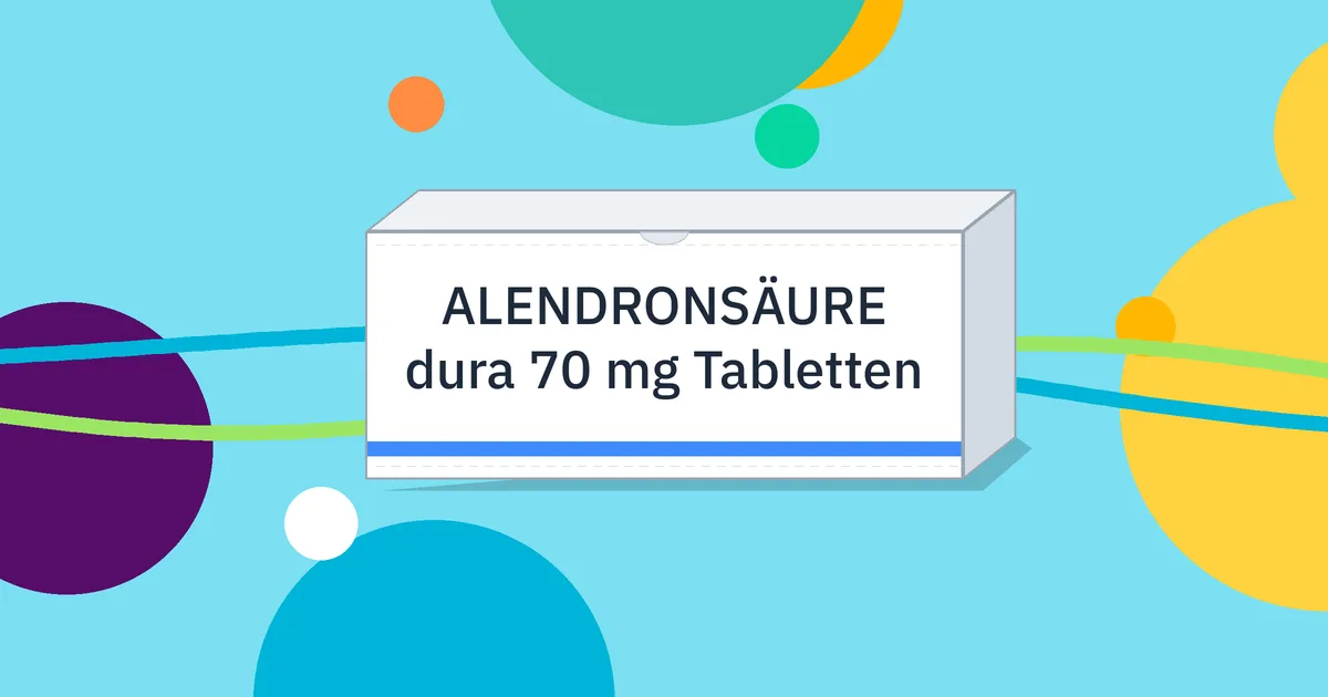 Symbolbild: Packung mit der Aufschrift ALENDRONSÄURE dura 70 mg Tabletten (PZN 00735351) – Verfügbarkeit und Bezug in Apotheken in Frankfurt am Main