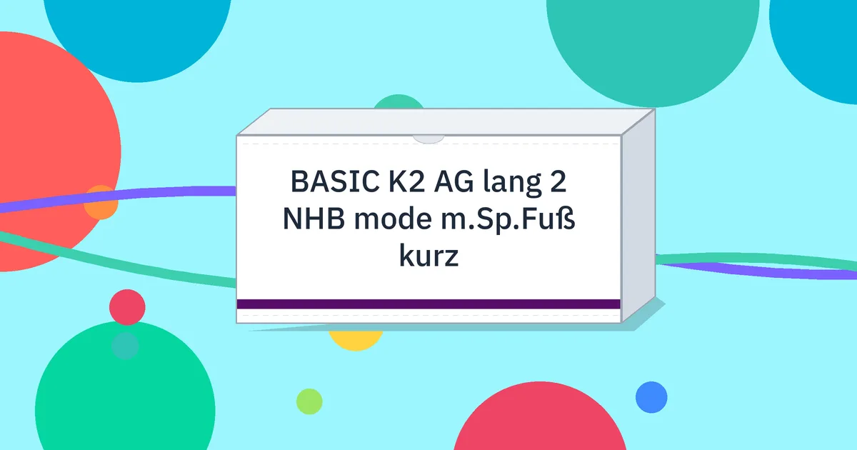 Symbolbild: Packung mit der Aufschrift BASIC K2 AG lang 2 NHB mode m.Sp.Fuß kurz (PZN 20266786) – Verfügbarkeit und Bezug in Apotheken in Frankfurt am Main