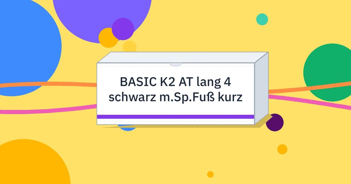 Symbolbild: Packung mit der Aufschrift BASIC K2 AT lang 4 schwarz m.Sp.Fuß kurz (PZN 20269313) – Verfügbarkeit und Bezug in Apotheken in Frankfurt am Main