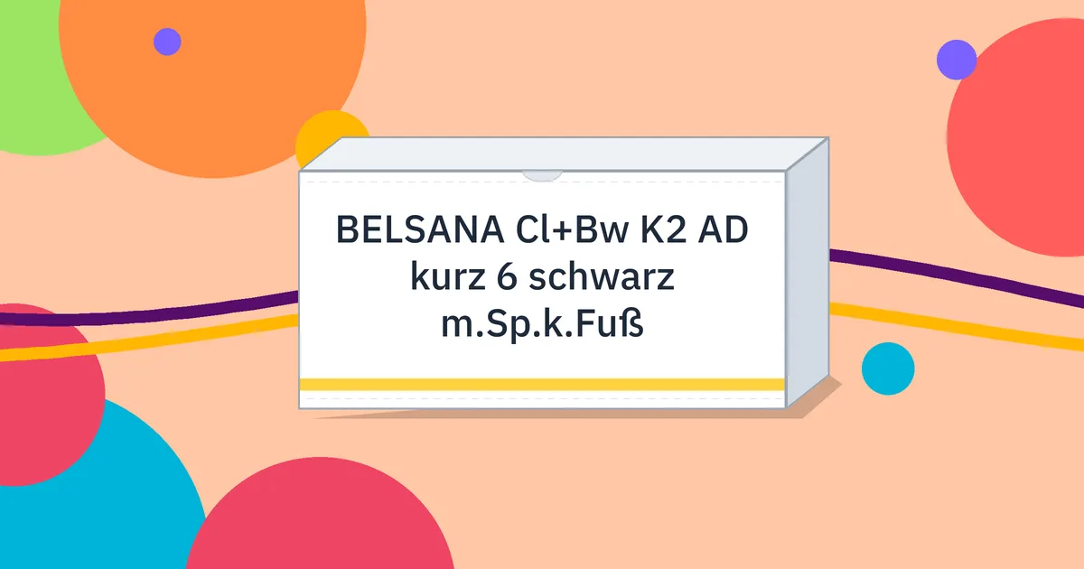 Symbolbild: Packung mit der Aufschrift BELSANA Cl+Bw K2 AD kurz 6 schwarz m.Sp.k.Fuß (PZN 12241973) – Verfügbarkeit und Bezug in Apotheken in Frankfurt am Main
