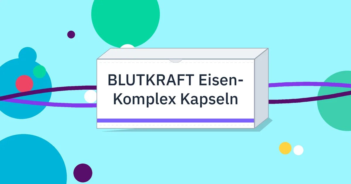 Symbolbild: Packung mit der Aufschrift BLUTKRAFT Eisen-Komplex Kapseln (PZN 18195659) – Verfügbarkeit und Bezug in Apotheken in Frankfurt am Main
