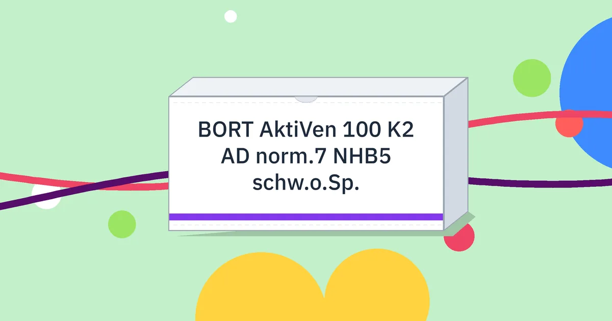Symbolbild: Packung mit der Aufschrift BORT AktiVen 100 K2 AD norm.7 NHB5 schw.o.Sp. (PZN 17496904) – Verfügbarkeit und Bezug in Apotheken in Frankfurt am Main