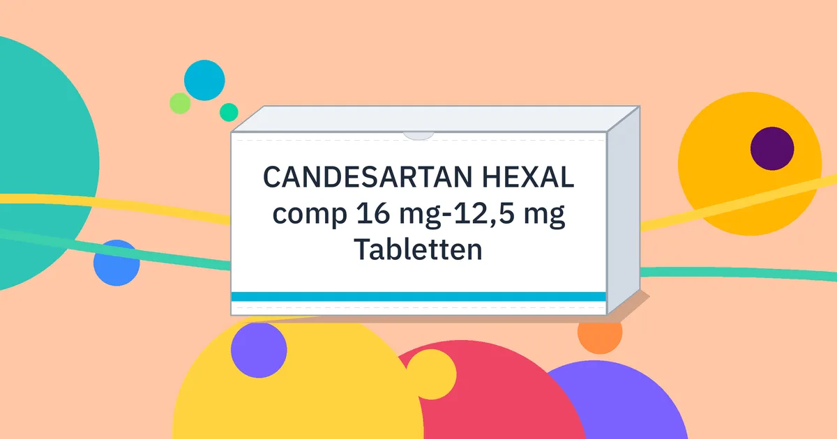 Symbolbild: Packung mit der Aufschrift CANDESARTAN HEXAL comp 16 mg-12,5 mg Tabletten (PZN 09390729) – Verfügbarkeit und Bezug in Apotheken in Frankfurt am Main