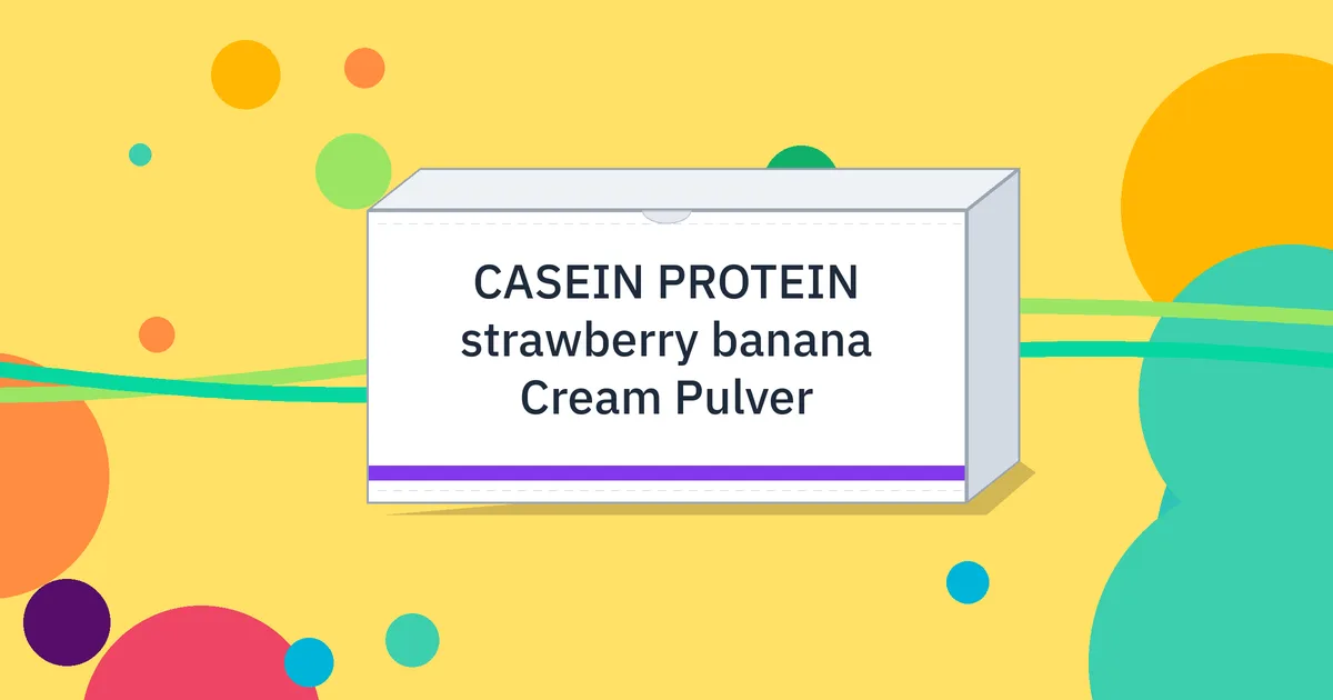 Symbolbild: Packung mit der Aufschrift CASEIN PROTEIN strawberry banana Cream Pulver (PZN 04123107) – Verfügbarkeit und Bezug in Apotheken in Frankfurt am Main