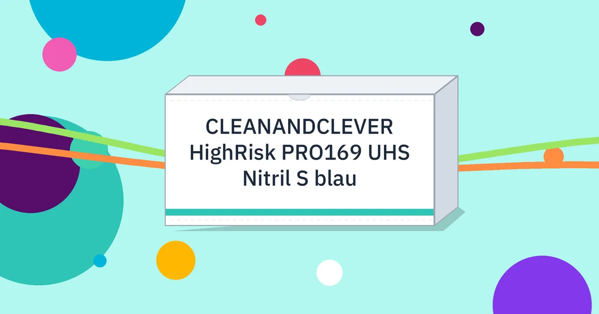 Symbolbild: Packung mit der Aufschrift CLEANANDCLEVER HighRisk PRO169 UHS Nitril S blau (PZN 18162795) – Verfügbarkeit und Bezug in Apotheken in Frankfurt am Main