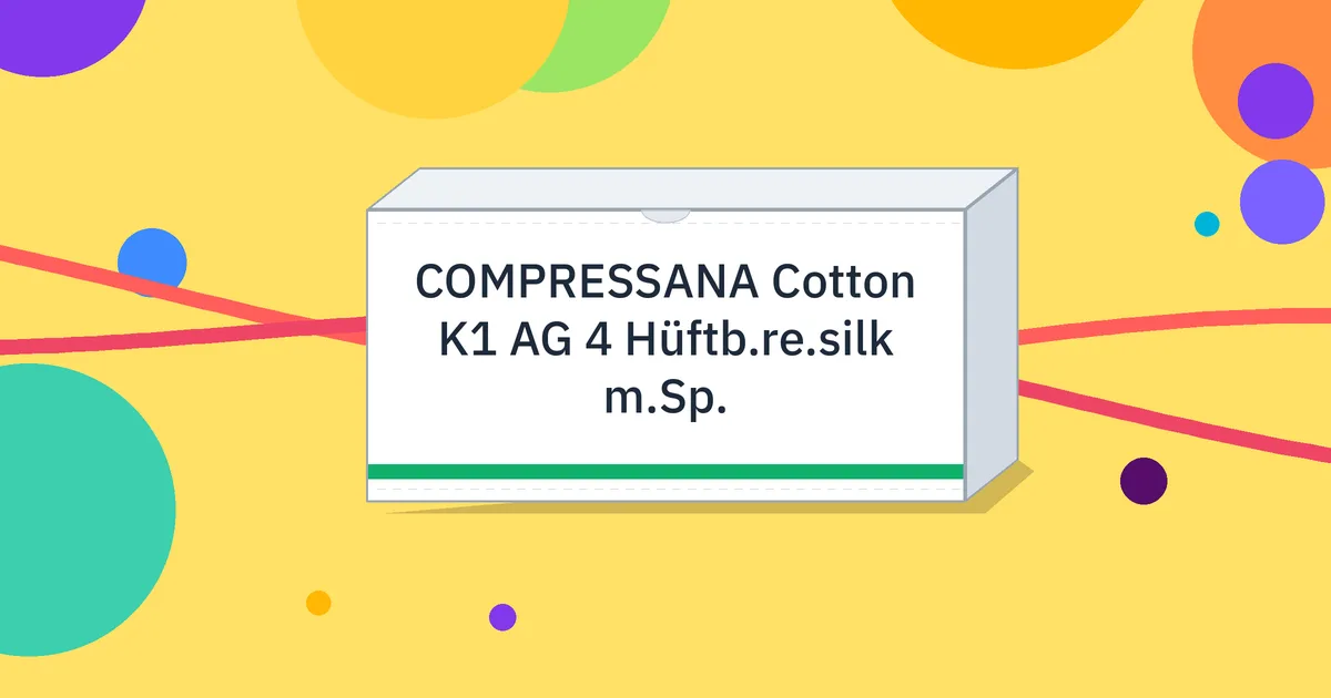 Symbolbild: Packung mit der Aufschrift COMPRESSANA Cotton K1 AG 4 Hüftb.re.silk m.Sp. (PZN 12980630) – Verfügbarkeit und Bezug in Apotheken in Frankfurt am Main