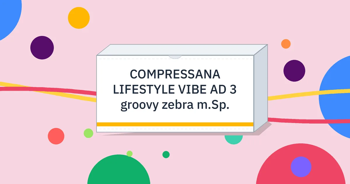 Symbolbild: Packung mit der Aufschrift COMPRESSANA LIFESTYLE VIBE AD 3 groovy zebra m.Sp. (PZN 19151730) – Verfügbarkeit und Bezug in Apotheken in Frankfurt am Main