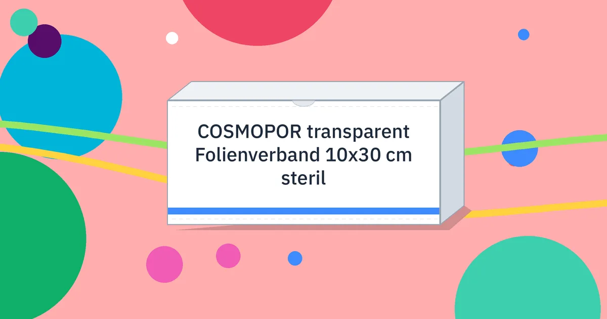 Symbolbild: Packung mit der Aufschrift COSMOPOR transparent Folienverband 10x30 cm steril (PZN 19452590) – Verfügbarkeit und Bezug in Apotheken in Frankfurt am Main