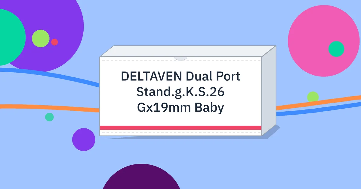 Symbolbild: Packung mit der Aufschrift DELTAVEN Dual Port Stand.g.K.S.26 Gx19mm Baby (PZN 18873473) – Verfügbarkeit und Bezug in Apotheken in Frankfurt am Main