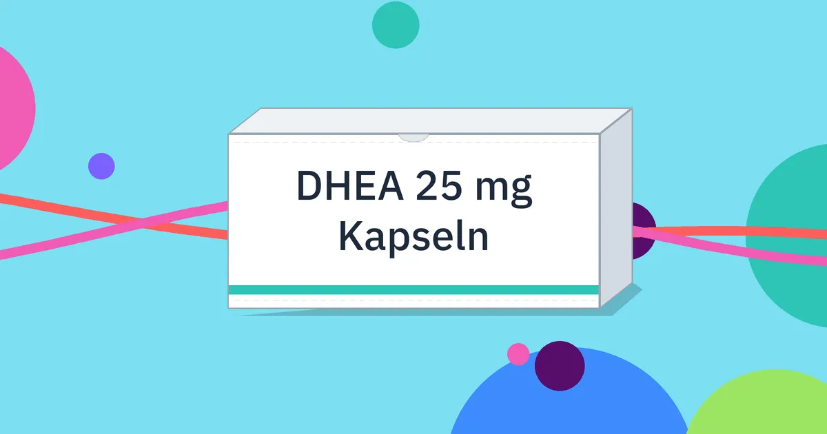 Symbolbild: Packung mit der Aufschrift DHEA 25 mg Kapseln (PZN 10143433) – Verfügbarkeit und Bezug in Apotheken in Frankfurt am Main