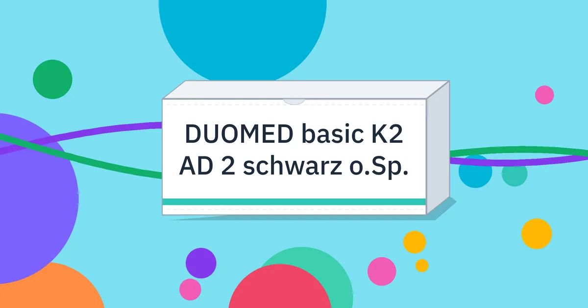 Symbolbild: Packung mit der Aufschrift DUOMED basic K2 AD 2 schwarz o.Sp. (PZN 20906777) – Verfügbarkeit und Bezug in Apotheken in Frankfurt am Main