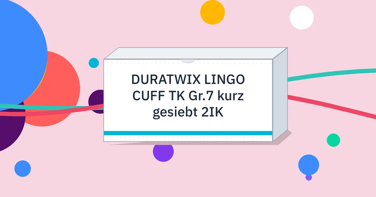Symbolbild: Packung mit der Aufschrift DURATWIX LINGO CUFF TK Gr.7 kurz gesiebt 2IK (PZN 06966726) – Verfügbarkeit und Bezug in Apotheken in Frankfurt am Main